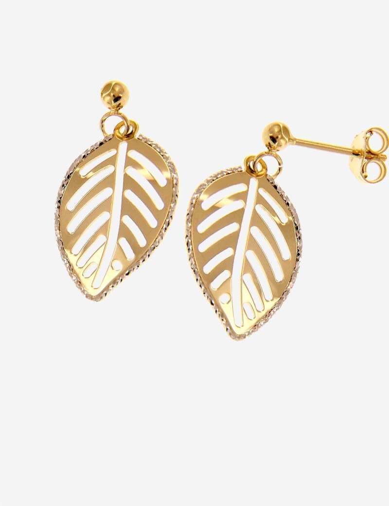 Pendientes Hojas Colgantes Oro 18k. Pendientes de Mujer Oro Bicolor